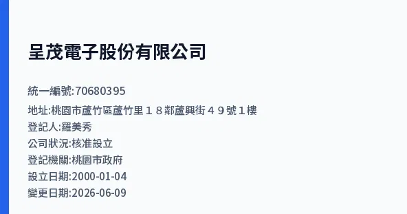 呈茂電子股份有限公司的照片-統編 70680395(桃園市) 公司登記資料與營業項目詳細圖表