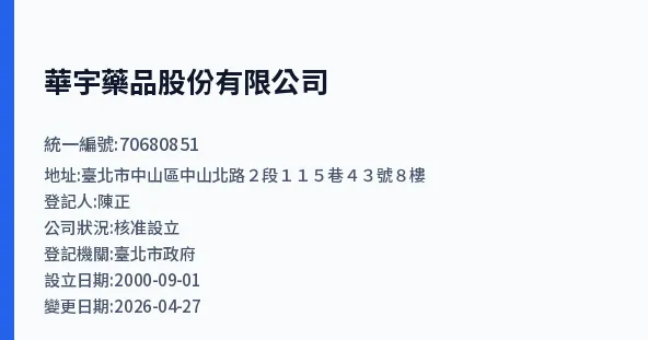 華宇藥品股份有限公司的照片-統編 70680851(臺北市) 公司登記資料與營業項目詳細圖表