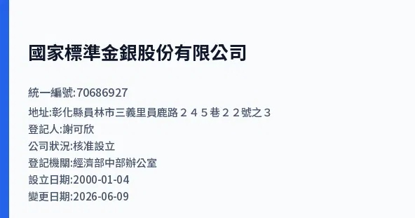 國家標準金銀股份有限公司的照片-統編 70686927(彰化縣) 公司登記資料與營業項目詳細圖表