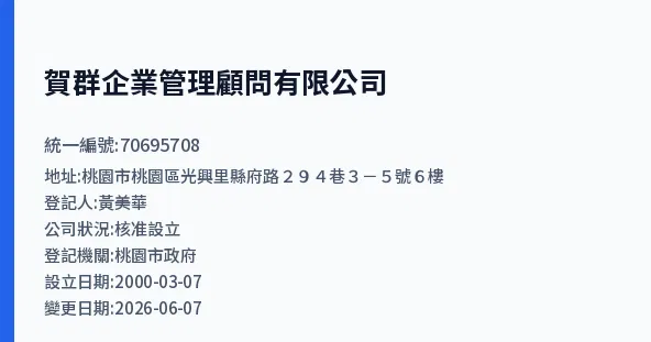 賀群企業管理顧問有限公司的照片-統編 70695708(桃園市) 公司登記資料與營業項目詳細圖表