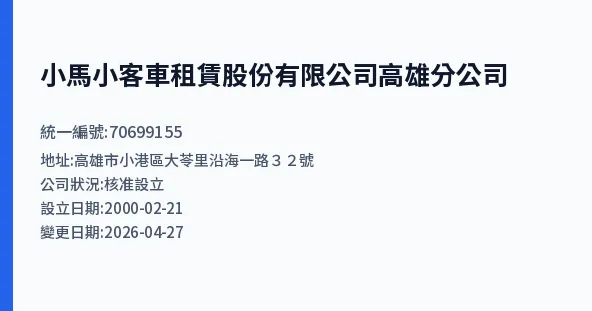 小馬小客車租賃股份有限公司高雄分公司的照片-統編 70699155(高雄市) 公司登記資料與營業項目詳細圖表