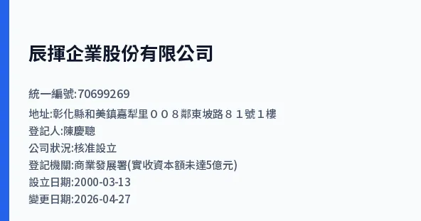 辰揮企業股份有限公司的照片-統編 70699269(彰化縣) 公司登記資料與營業項目詳細圖表