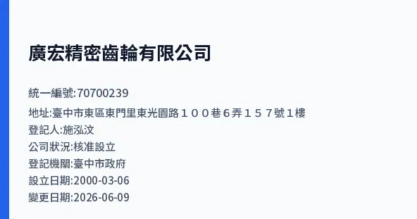 廣宏精密齒輪有限公司的照片-統編 70700239(臺中市) 公司登記資料與營業項目詳細圖表
