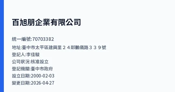 百旭朋企業有限公司的照片-統編 70703382(臺中市) 公司登記資料與營業項目詳細圖表