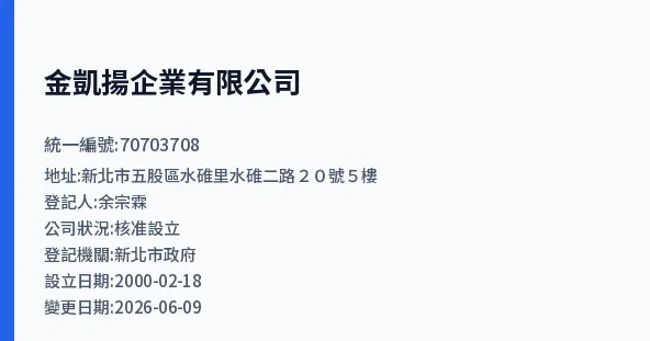 金凱揚企業有限公司的照片-統編 70703708(新北市) 公司登記資料與營業項目詳細圖表
