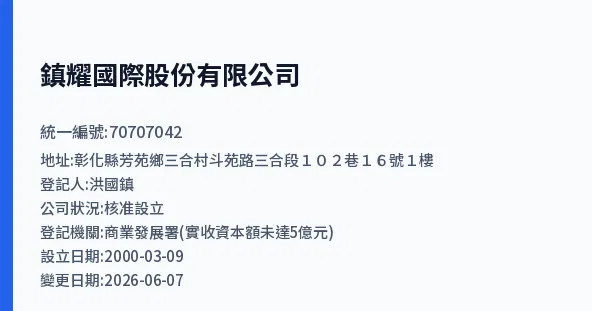 鎮耀國際股份有限公司的照片-統編 70707042(彰化縣) 公司登記資料與營業項目詳細圖表