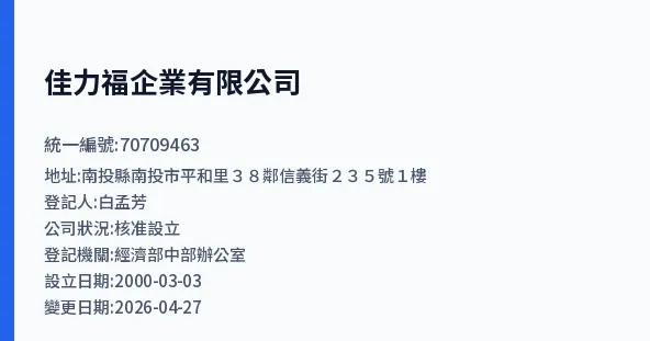 佳力福企業有限公司的照片-統編 70709463(南投縣) 公司登記資料與營業項目詳細圖表