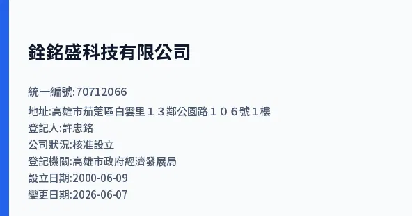 銓銘盛科技有限公司的照片-統編 70712066(高雄市) 公司登記資料與營業項目詳細圖表