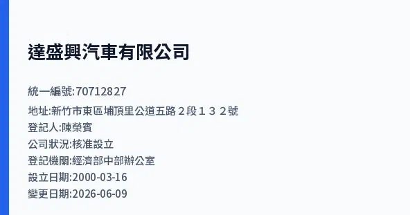 達盛興汽車有限公司的照片-統編 70712827(新竹市) 公司登記資料與營業項目詳細圖表