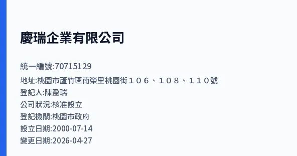慶瑞企業有限公司的照片-統編 70715129(桃園市) 公司登記資料與營業項目詳細圖表