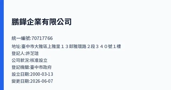 鵬鏵企業有限公司的照片-統編 70717766(臺中市) 公司登記資料與營業項目詳細圖表