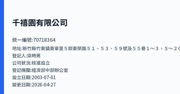 千禧園有限公司的照片-統編 70718364(新竹縣) 公司登記資料與營業項目詳細圖表