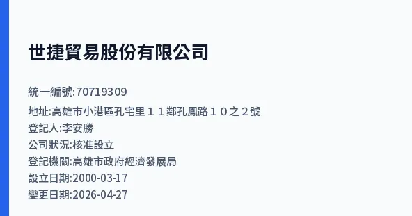 世捷貿易股份有限公司的照片-統編 70719309(高雄市) 公司登記資料與營業項目詳細圖表