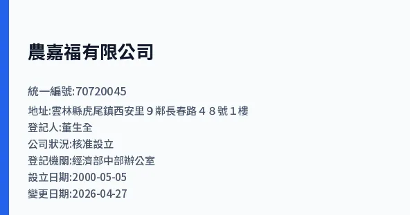 農嘉福有限公司的照片-統編 70720045(雲林縣) 公司登記資料與營業項目詳細圖表