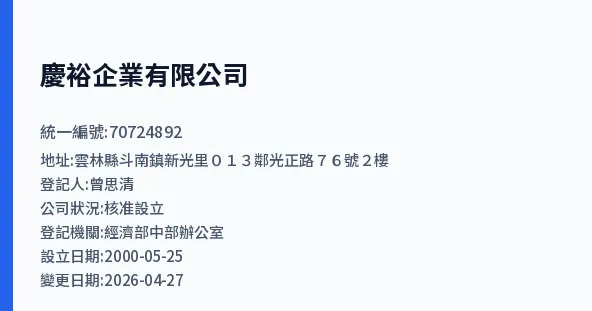 慶裕企業有限公司的照片-統編 70724892(雲林縣) 公司登記資料與營業項目詳細圖表