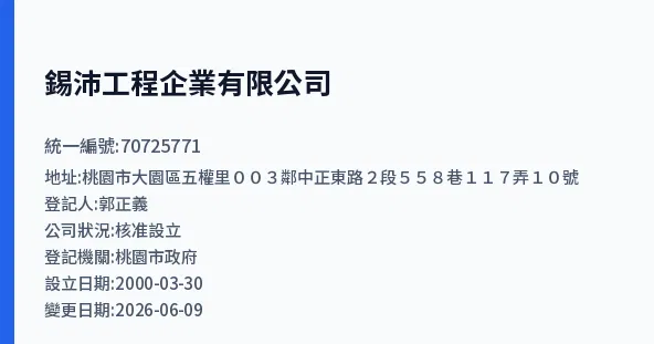 錫沛工程企業有限公司的照片-統編 70725771(桃園市) 公司登記資料與營業項目詳細圖表