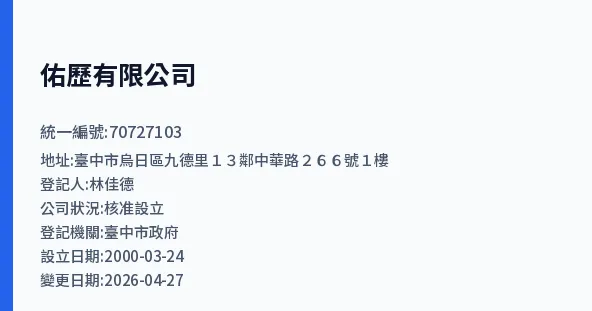 佑歷有限公司的照片-統編 70727103(臺中市) 公司登記資料與營業項目詳細圖表