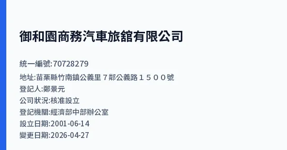 御和園商務汽車旅舘有限公司的照片-統編 70728279(苗栗縣) 公司登記資料與營業項目詳細圖表