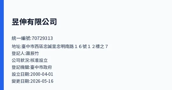 昱伸有限公司的照片-統編 70729313(臺中市) 公司登記資料與營業項目詳細圖表