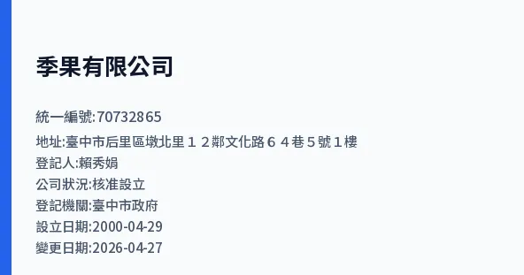季果有限公司的照片-統編 70732865(臺中市) 公司登記資料與營業項目詳細圖表