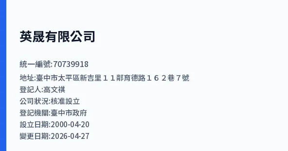 英晟有限公司的照片-統編 70739918(臺中市) 公司登記資料與營業項目詳細圖表