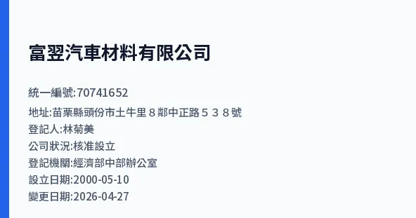 富翌汽車材料有限公司的照片-統編 70741652(苗栗縣) 公司登記資料與營業項目詳細圖表