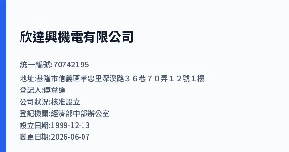 欣達興機電有限公司的照片-統編 70742195(基隆市) 公司登記資料與營業項目詳細圖表