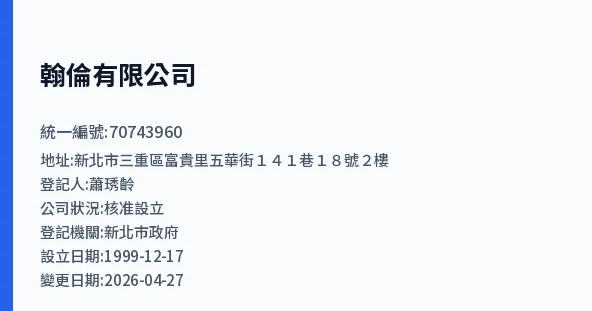 翰倫有限公司的照片-統編 70743960(新北市) 公司登記資料與營業項目詳細圖表