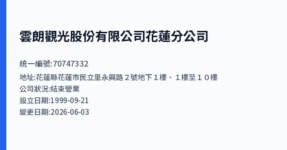 雲朗觀光股份有限公司花蓮分公司的照片-統編 70747332(花蓮縣) 公司登記資料與營業項目詳細圖表