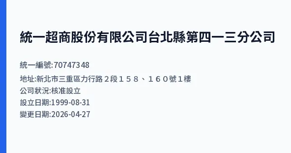 統一超商股份有限公司台北縣第四一三分公司的照片-統編 70747348(新北市) 公司登記資料與營業項目詳細圖表