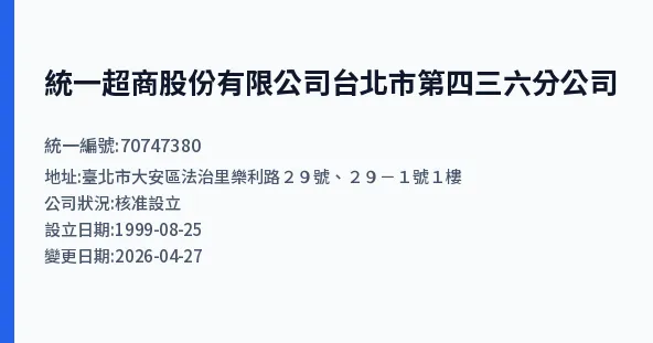 統一超商股份有限公司台北市第四三六分公司的照片-統編 70747380(臺北市) 公司登記資料與營業項目詳細圖表