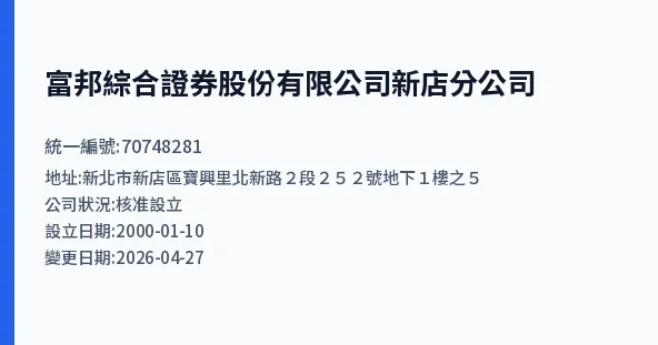 富邦綜合證券股份有限公司新店分公司的照片-統編 70748281(新北市) 公司登記資料與營業項目詳細圖表