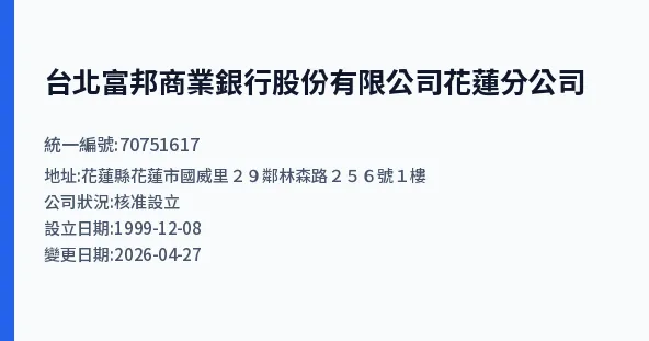 台北富邦商業銀行股份有限公司花蓮分公司的照片-統編 70751617(花蓮縣) 公司登記資料與營業項目詳細圖表