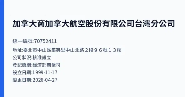 加拿大商加拿大航空股份有限公司台灣分公司的照片-統編 70752411(臺北市) 公司登記資料與營業項目詳細圖表