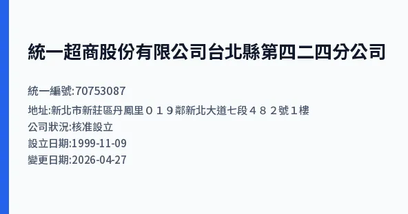 統一超商股份有限公司台北縣第四二四分公司的照片-統編 70753087(新北市) 公司登記資料與營業項目詳細圖表