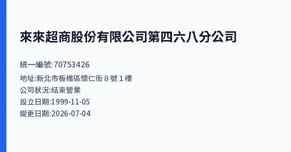 來來超商股份有限公司第四六八分公司的照片-統編 70753426(新北市) 公司登記資料與營業項目詳細圖表