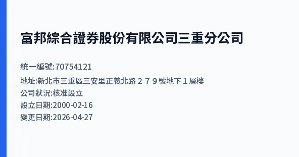 富邦綜合證券股份有限公司三重分公司的照片-統編 70754121(新北市) 公司登記資料與營業項目詳細圖表