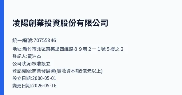 凌陽創業投資股份有限公司的照片-統編 70755846(新竹市) 公司登記資料與營業項目詳細圖表