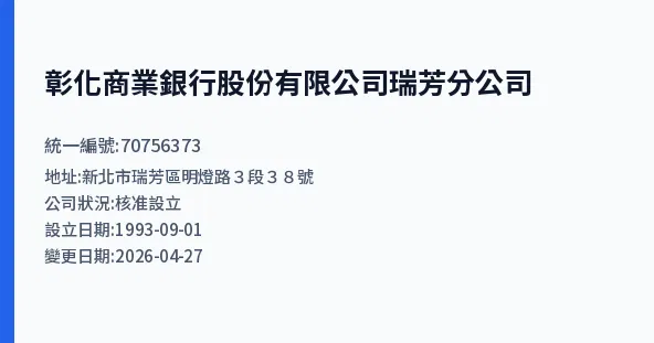 彰化商業銀行股份有限公司瑞芳分公司的照片-統編 70756373(新北市) 公司登記資料與營業項目詳細圖表