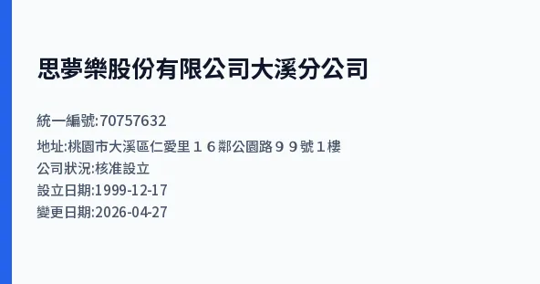 思夢樂股份有限公司大溪分公司的照片-統編 70757632(桃園市) 公司登記資料與營業項目詳細圖表