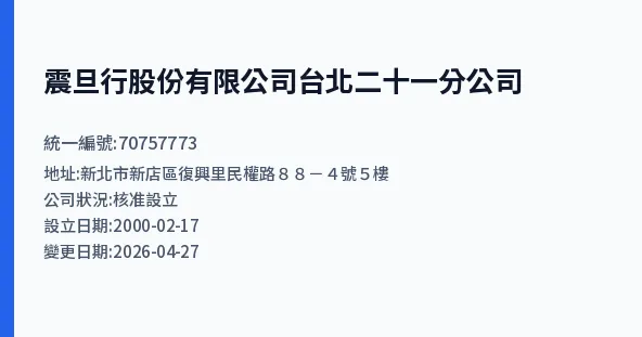 震旦行股份有限公司台北二十一分公司的照片-統編 70757773(新北市) 公司登記資料與營業項目詳細圖表