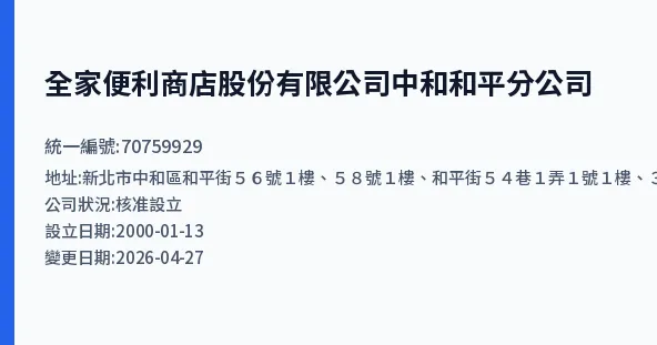 全家便利商店股份有限公司中和和平分公司的照片-統編 70759929(新北市) 公司登記資料與營業項目詳細圖表