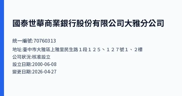 國泰世華商業銀行股份有限公司大雅分公司的照片-統編 70760313(臺中市) 公司登記資料與營業項目詳細圖表