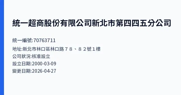 統一超商股份有限公司新北市第四四五分公司的照片-統編 70763711(新北市) 公司登記資料與營業項目詳細圖表
