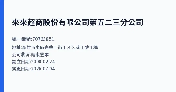 來來超商股份有限公司第五二三分公司的照片-統編 70763851(新竹市) 公司登記資料與營業項目詳細圖表