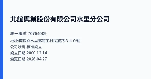 北誼興業股份有限公司水里分公司的照片-統編 70764009(南投縣) 公司登記資料與營業項目詳細圖表