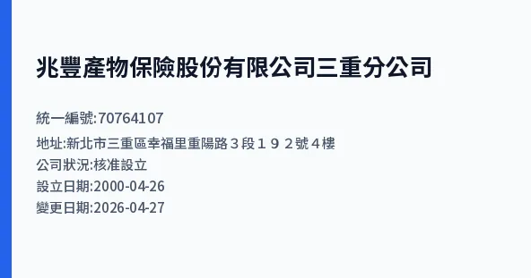 兆豐產物保險股份有限公司三重分公司的照片-統編 70764107(新北市) 公司登記資料與營業項目詳細圖表