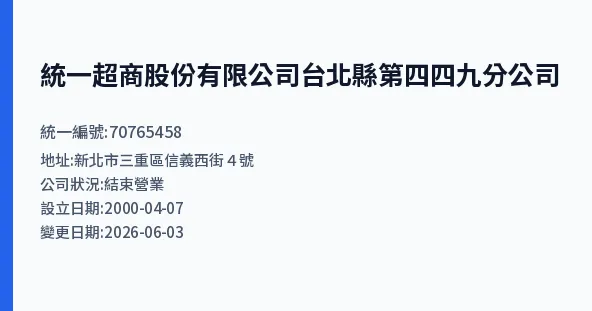 統一超商股份有限公司台北縣第四四九分公司的照片-統編 70765458(新北市) 公司登記資料與營業項目詳細圖表