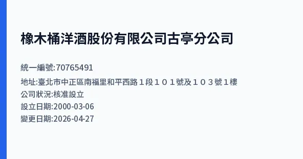 橡木桶洋酒股份有限公司古亭分公司的照片-統編 70765491(臺北市) 公司登記資料與營業項目詳細圖表
