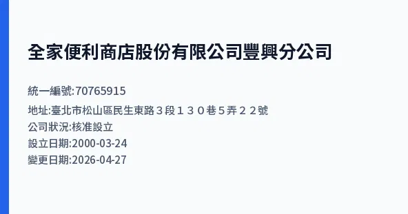全家便利商店股份有限公司豐興分公司的照片-統編 70765915(臺北市) 公司登記資料與營業項目詳細圖表